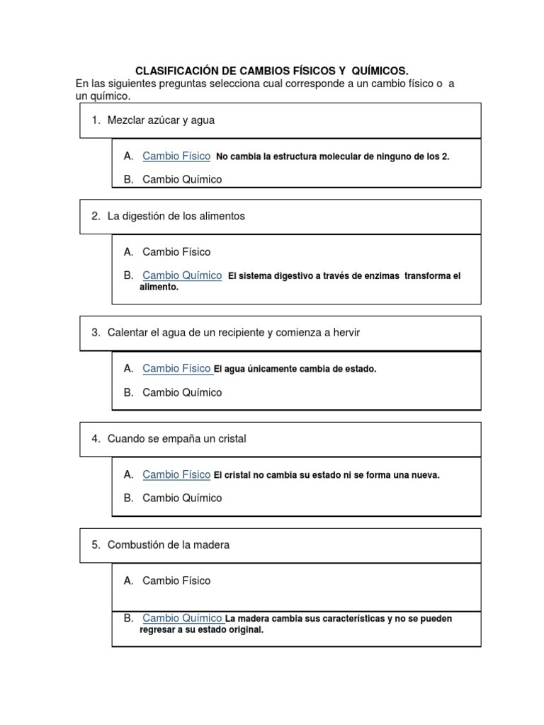 Ejercicios de Clasificación de Cambios Físicos y Químicos | PDF ...