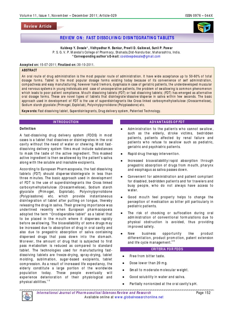 Review on- Fast Dissolving and Disintegrating Tablets | Tablet ...