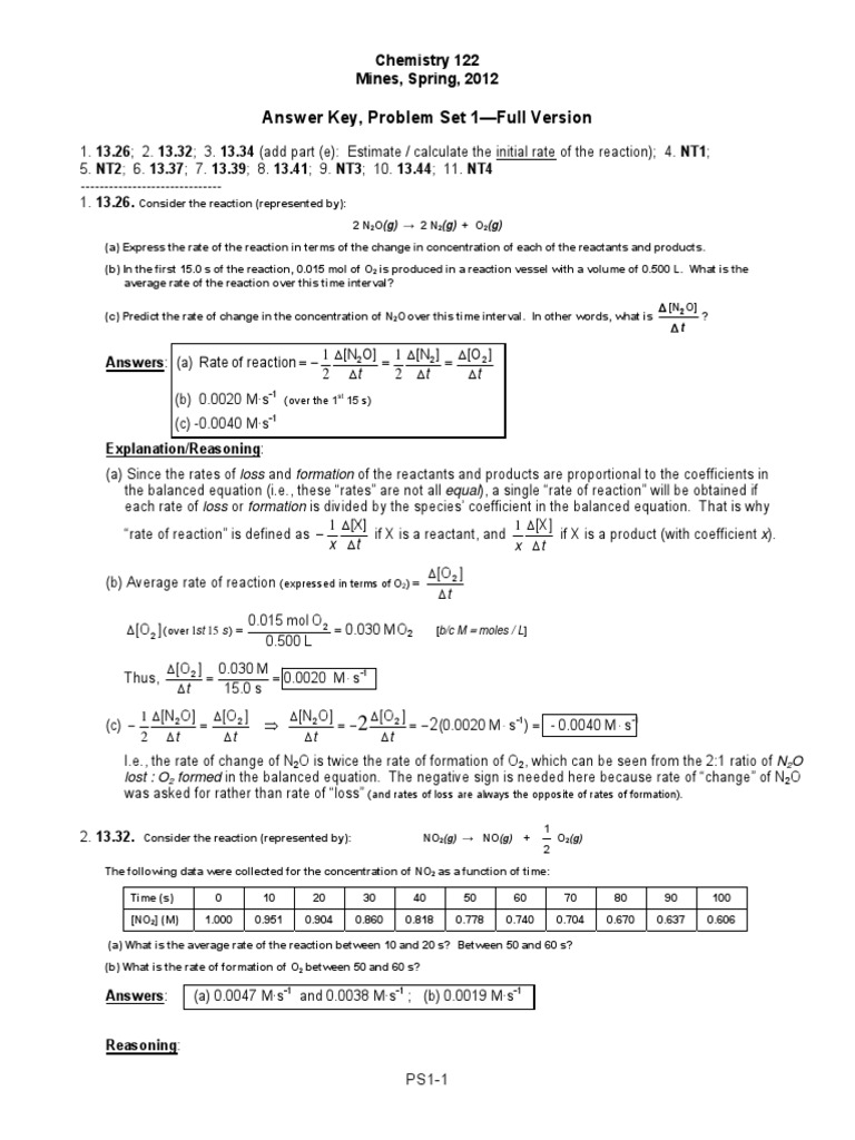 Answer Key, Problem Set 1-Full Version: Chemistry 122 Mines, Spring, 2012 | PDF | Reaction Rate ...
