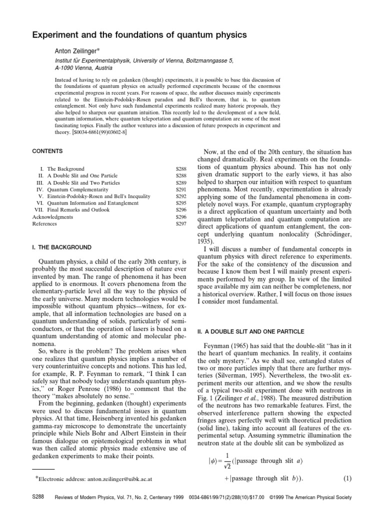Experiment and The Foundations of Quantum Physics: Anton Zeilinger ...