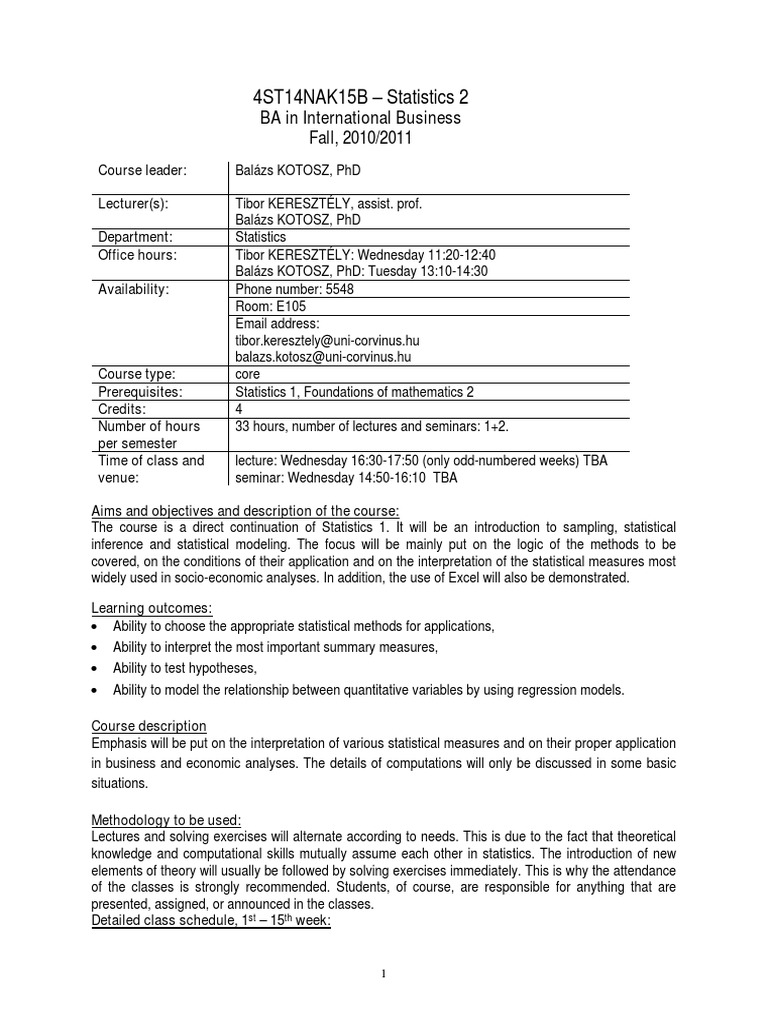 Syllabus Statistics2 Fall Pdf Statistics Regression Analysis 