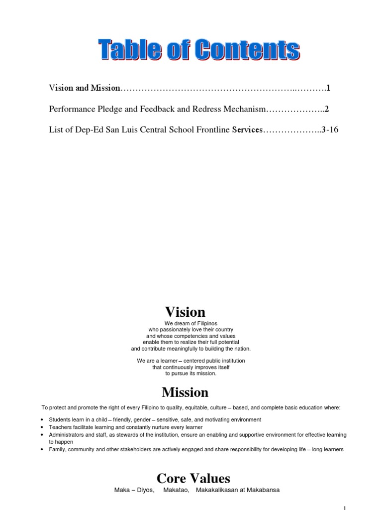 Vision and Mission .. .1 Performance Pledge and Feedback and Redress ...