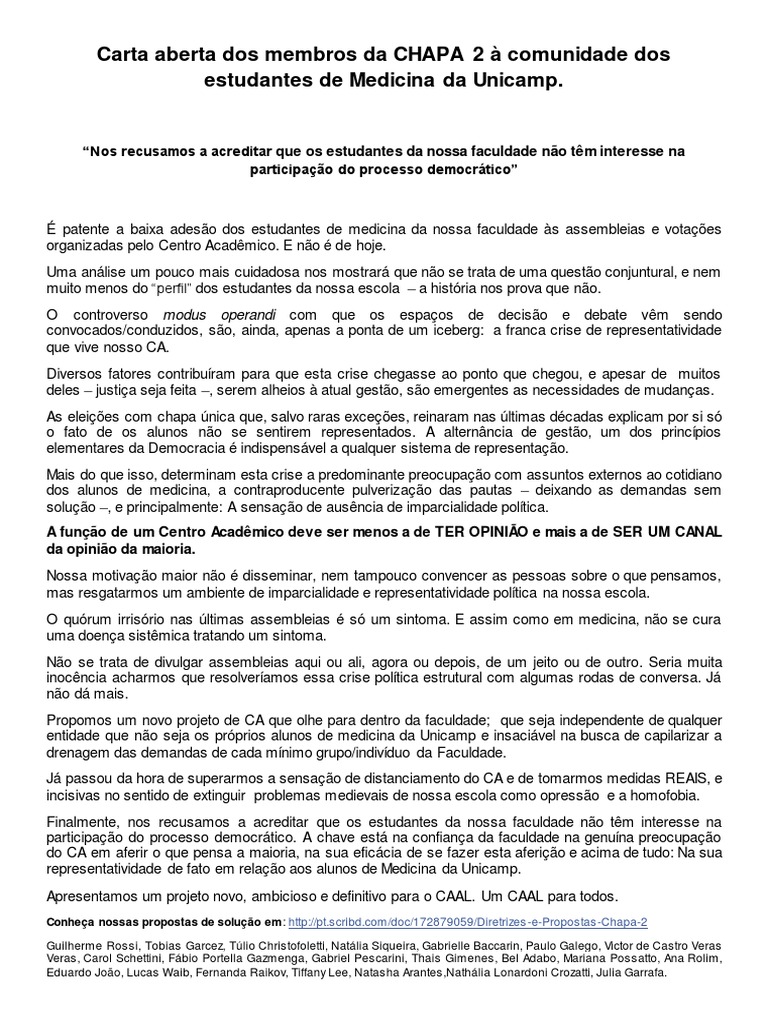 Carta Aberta Da CHAPA 2 À Medicina Unicamp. | PDF