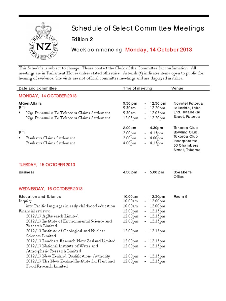 Select Committee Meeting Schedule 2013 | PDF | New Zealand ...