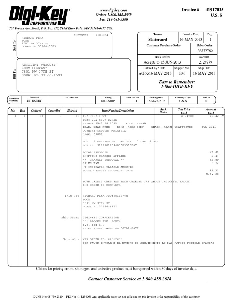 Easy To Remember: 1-800-DIGI-KEY: Anyolini Vasquez Zoom Company 7801 NW ...