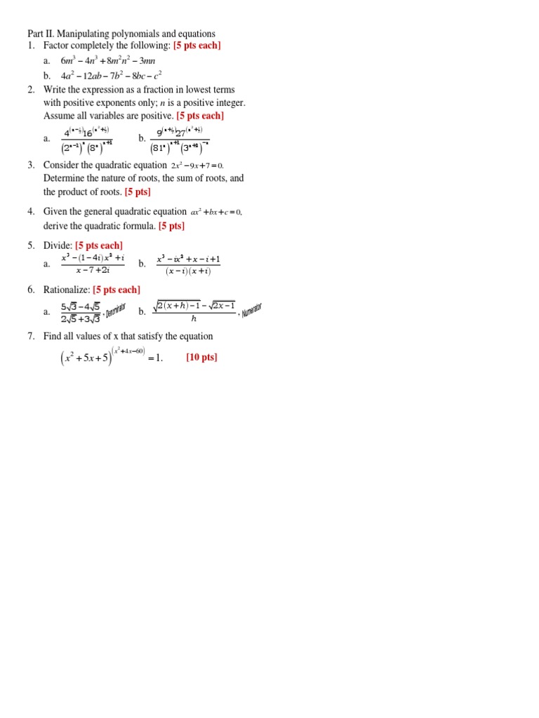 Polynomial and Equation Exercises | PDF