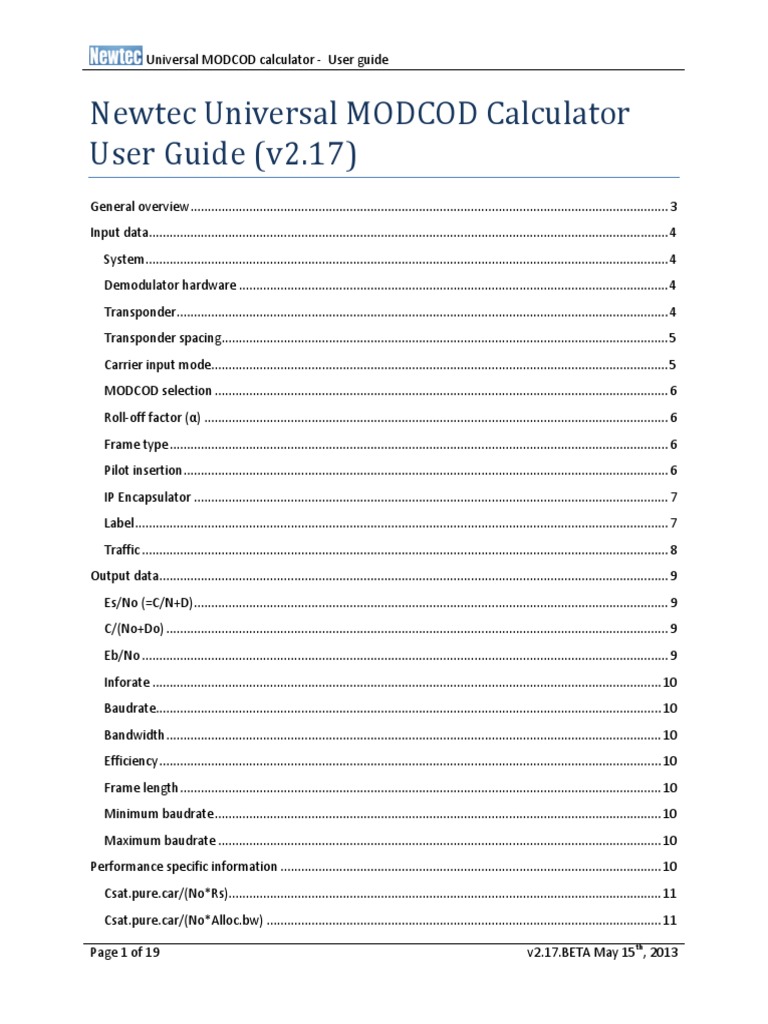 User Guide Newtec Universal MODCOD Calculator v2.17.BETA | PDF ...
