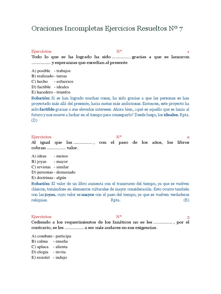 Oraciones Incompletas Ejercicios Resueltos Nº 7 | Nacionalismo | Science