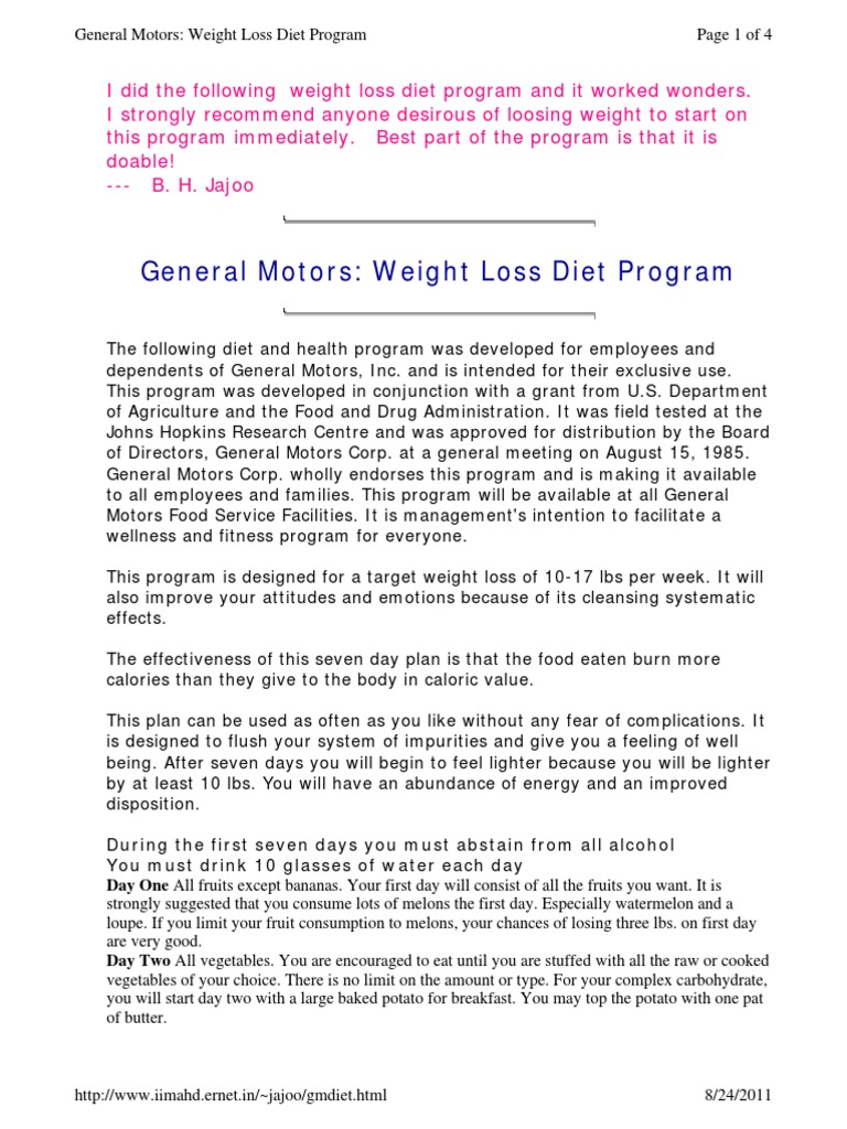 General Motors: Weight Loss Diet Program | PDF
