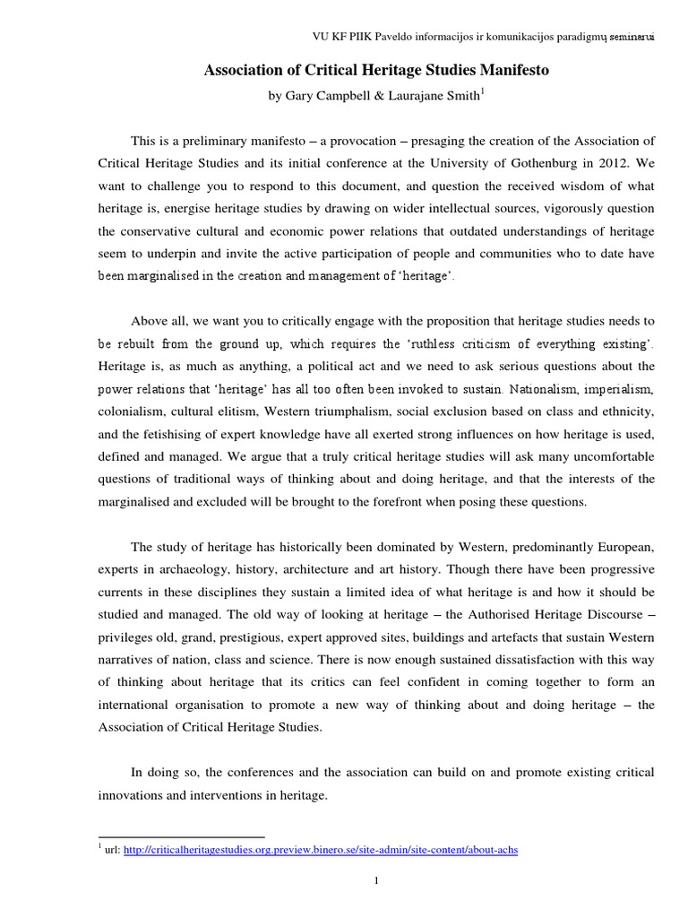 Association of Critical Heritage Studies Manifesto | PDF | Cultural ...