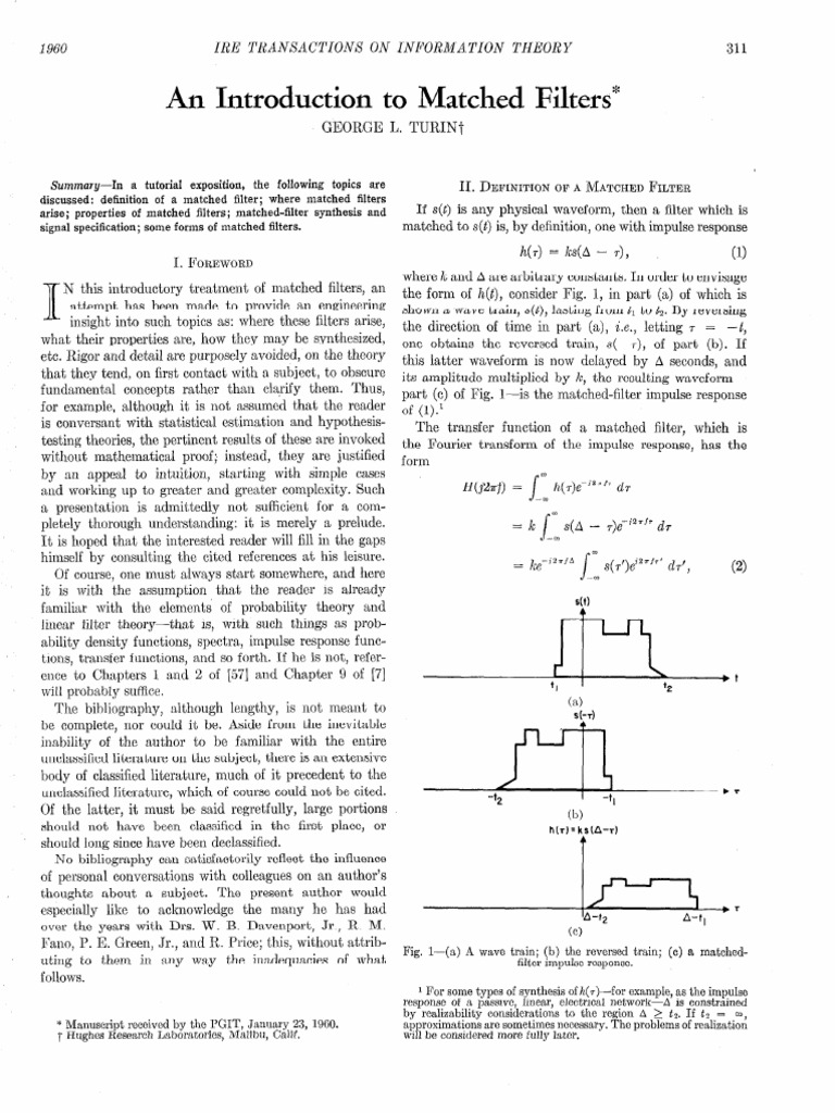 An Introduction To Matched Filters | PDF | Filter (Signal Processing) | Spectral Density