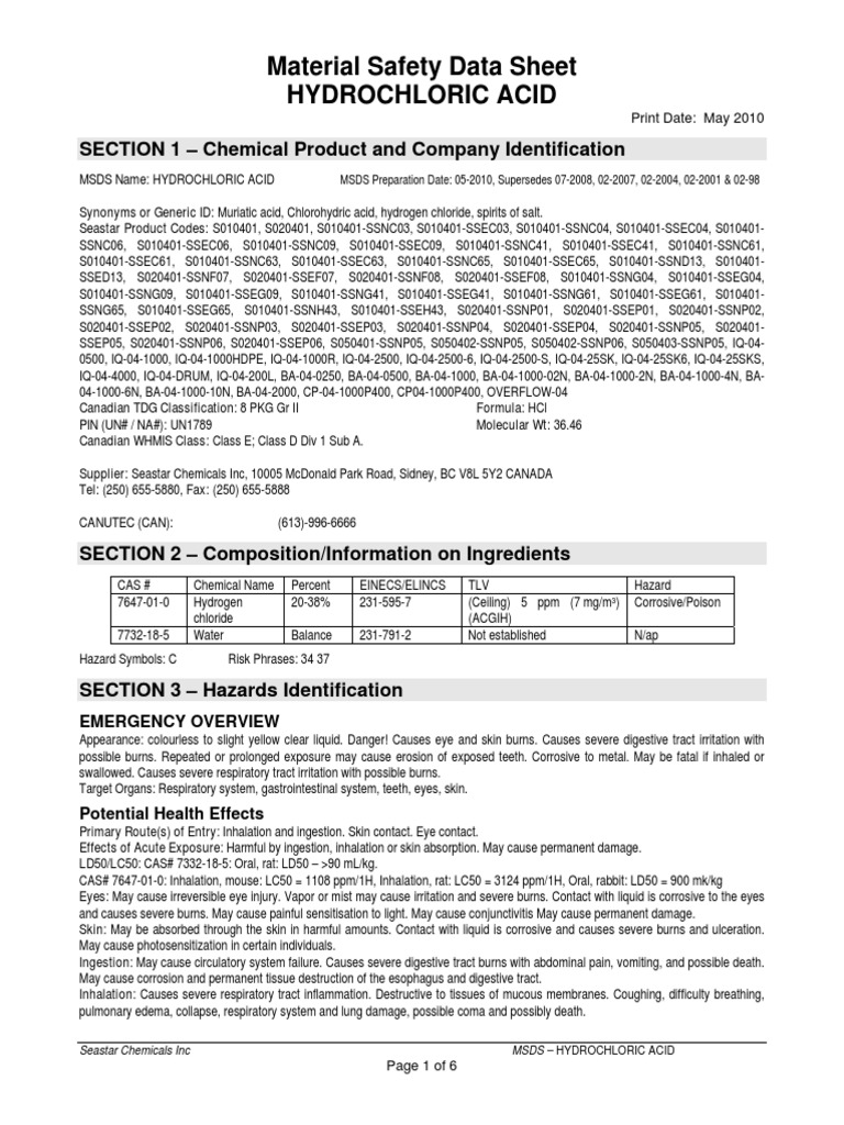 MSDS HCL | PDF | Hydrochloric Acid | Acetic Acid