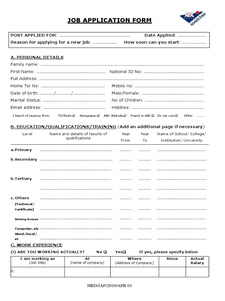 Job Application Form: HRD/JAF/2010/APR-01 | PDF | Labour | Business