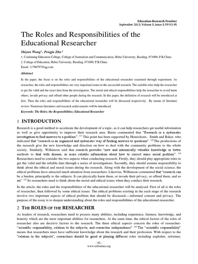 The Roles and Responsibilities of The Educational Researcher PDF | PDF ...