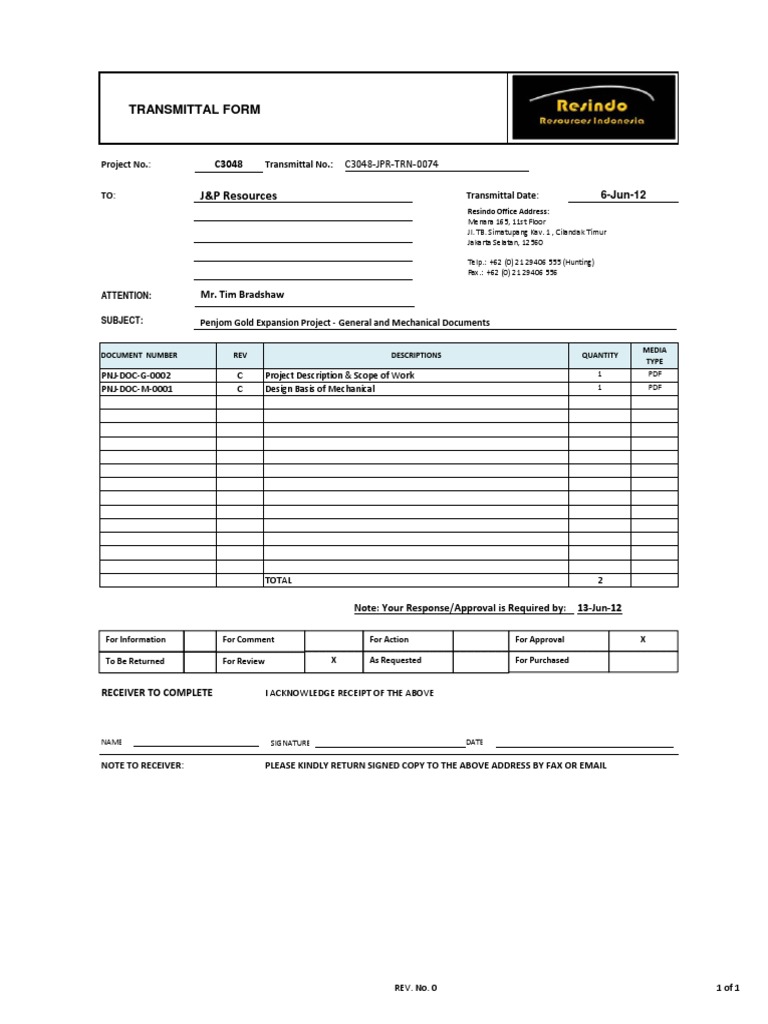 Transmittal Form: Project No.: Transmittal No. | PDF