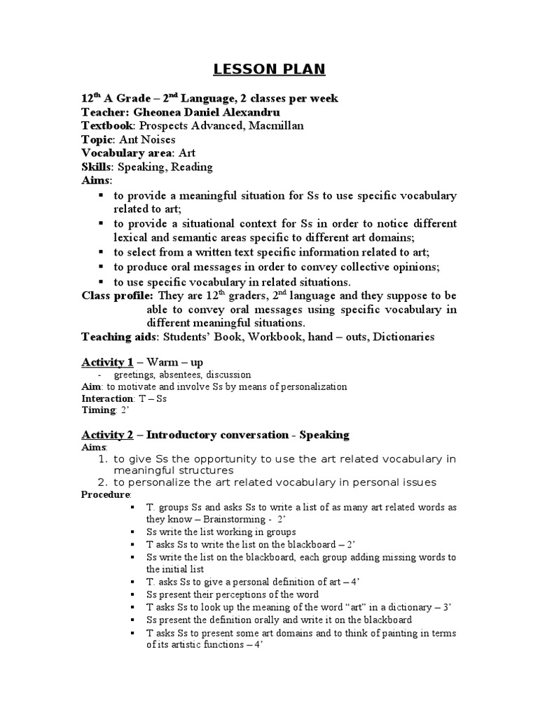 Lesson Plan: Aim: To Motivate and Involve Ss by Means of ...