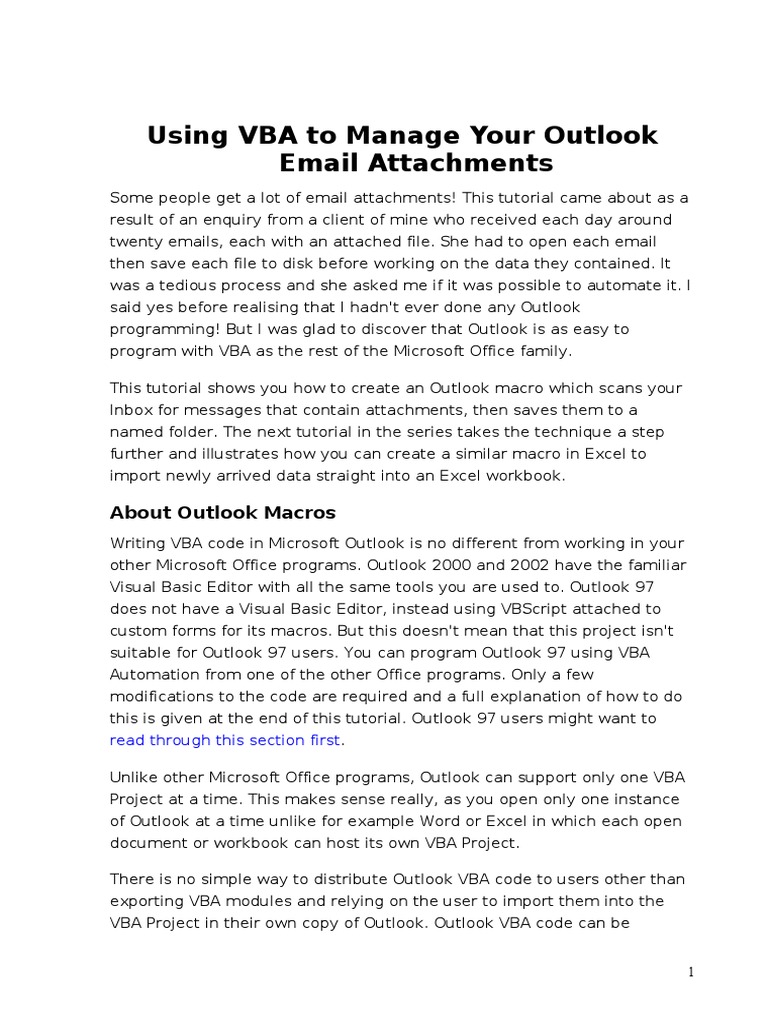 Using VBA To Manage Your Outlook Email Attachments | PDF | Visual Basic ...