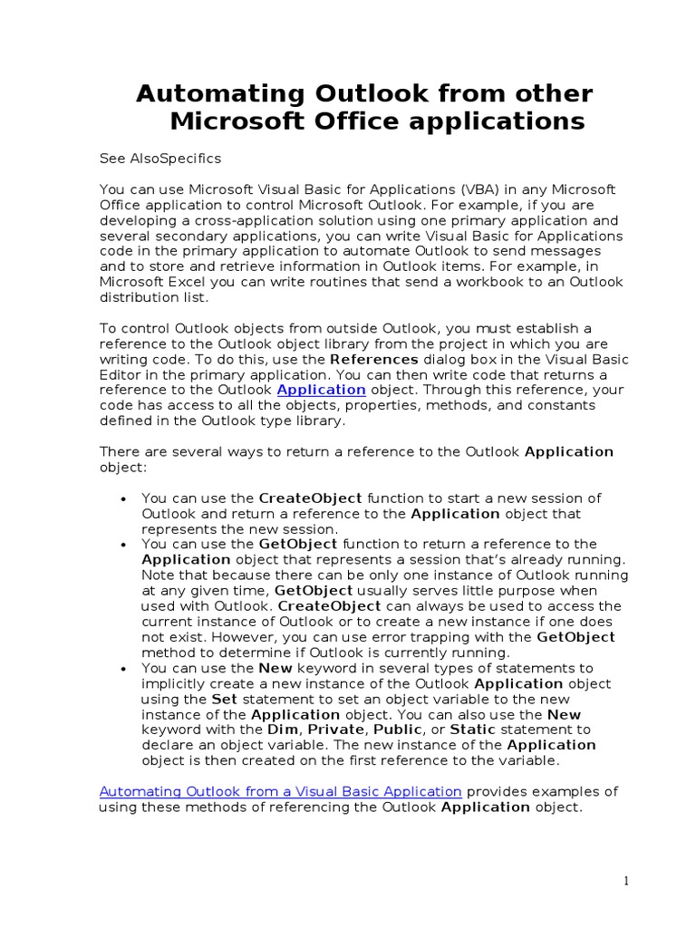 Automating Outlook From Other Microsoft Office Applications Pdf Visual Basic For 