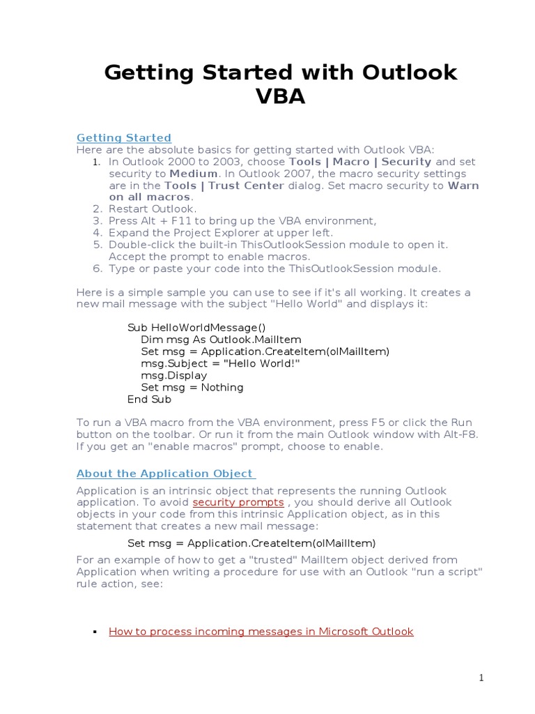 Getting Started With Outlook Vba Pdf Visual Basic For Applications 1917