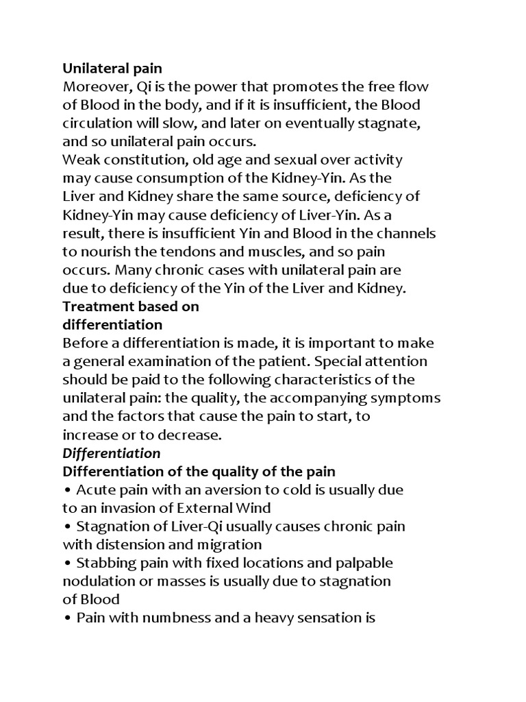 Unilateral Pain: Differentiation | PDF | Fatigue (Medical) | Pain