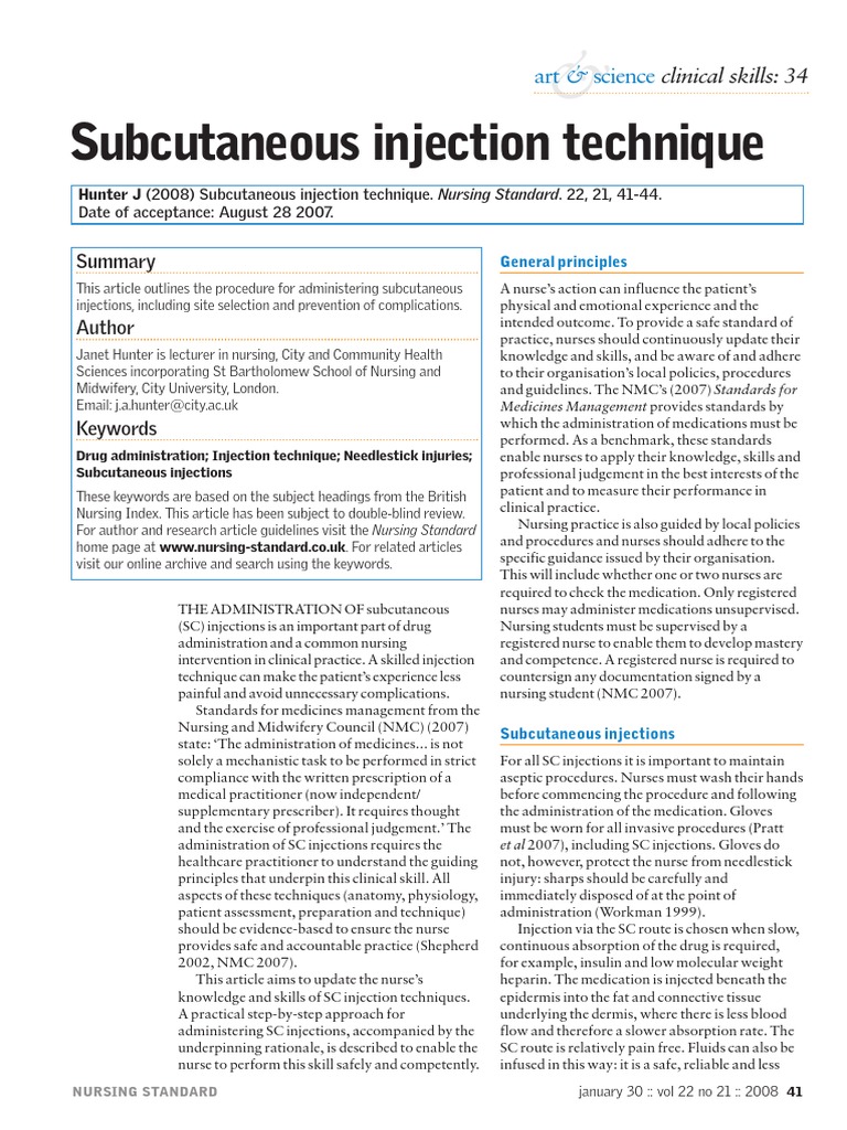 Subcutaneus Injection Technique | PDF | Injection (Medicine) | Syringe