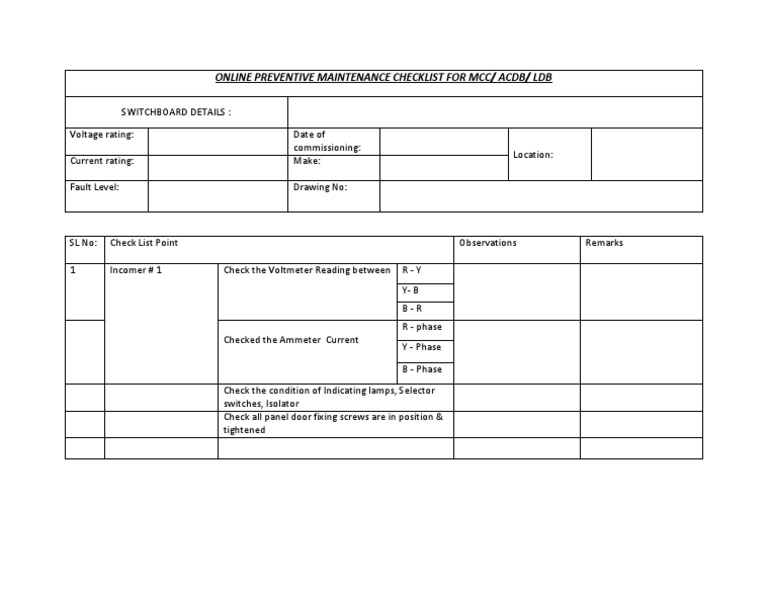 Online Preventive Maintenance Checklist For MCC/ Acdb/ LDB | PDF