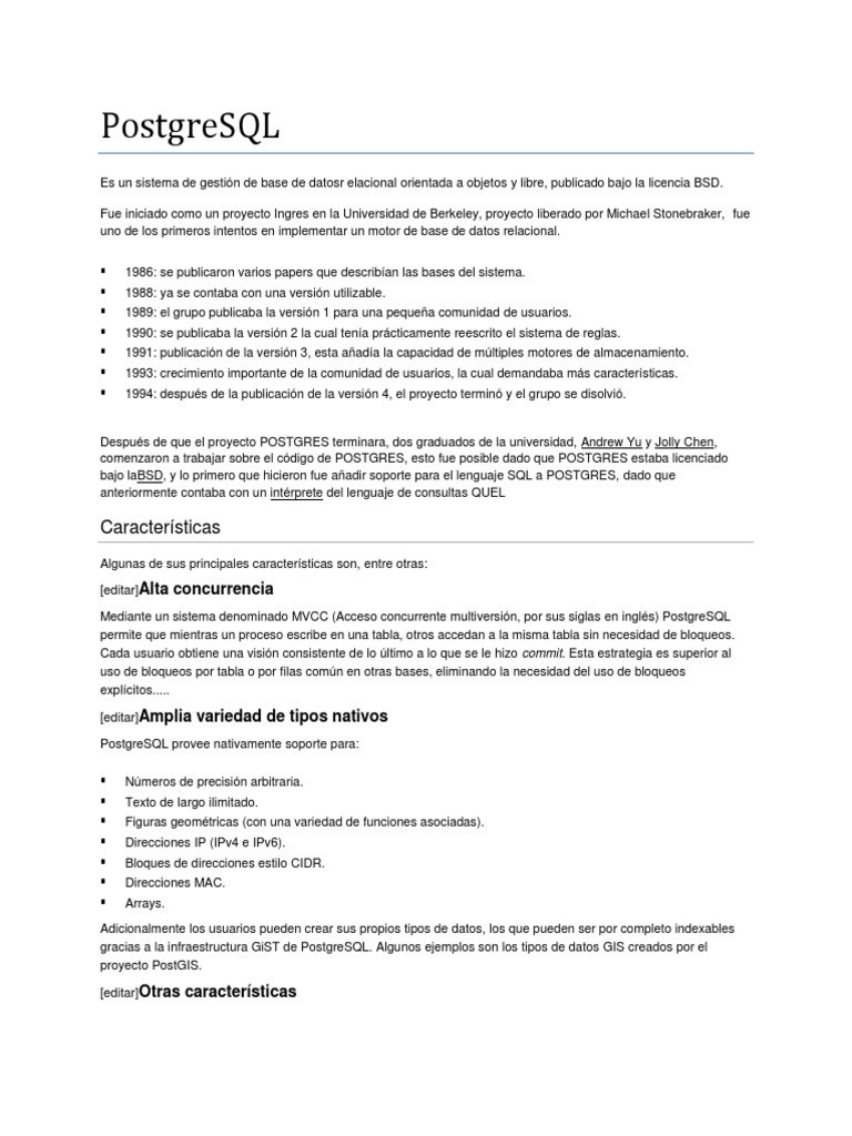 Postgresql: Características | PDF | Postgre Sql | Mi sql