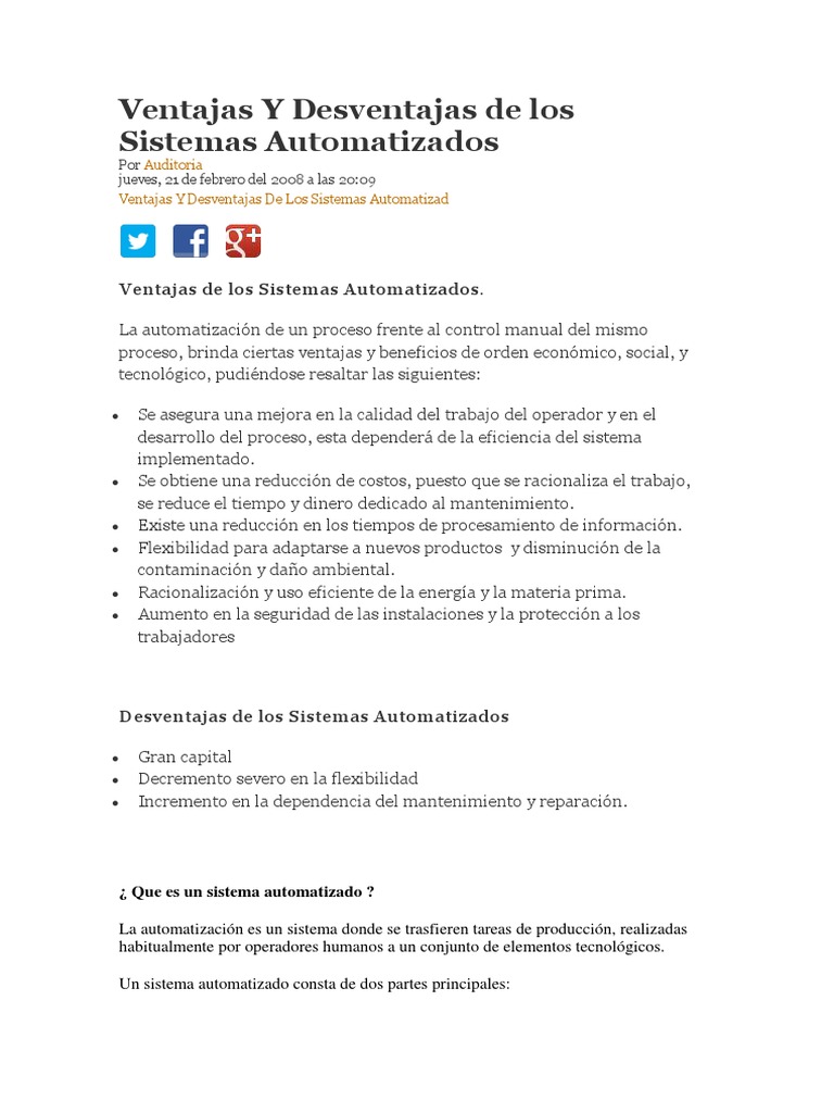 Ventajas Y Desventajas de Los Sistemas Automatizados | PDF | Automatización | Science