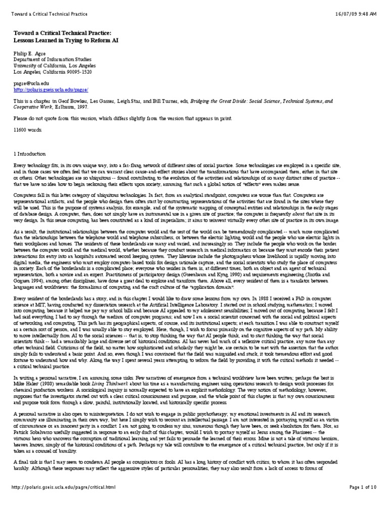 Phil Agre - Toward Critical Technical Practice | PDF | Artificial ...