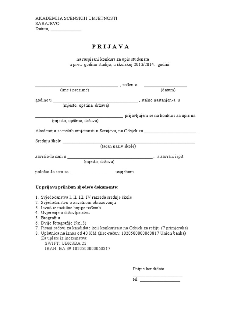Prijava Za Upis | PDF