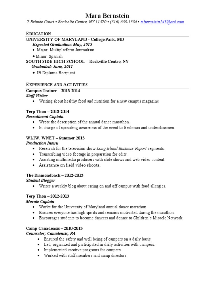Mara Bernstein: Expected Graduation: May, 2015 | PDF