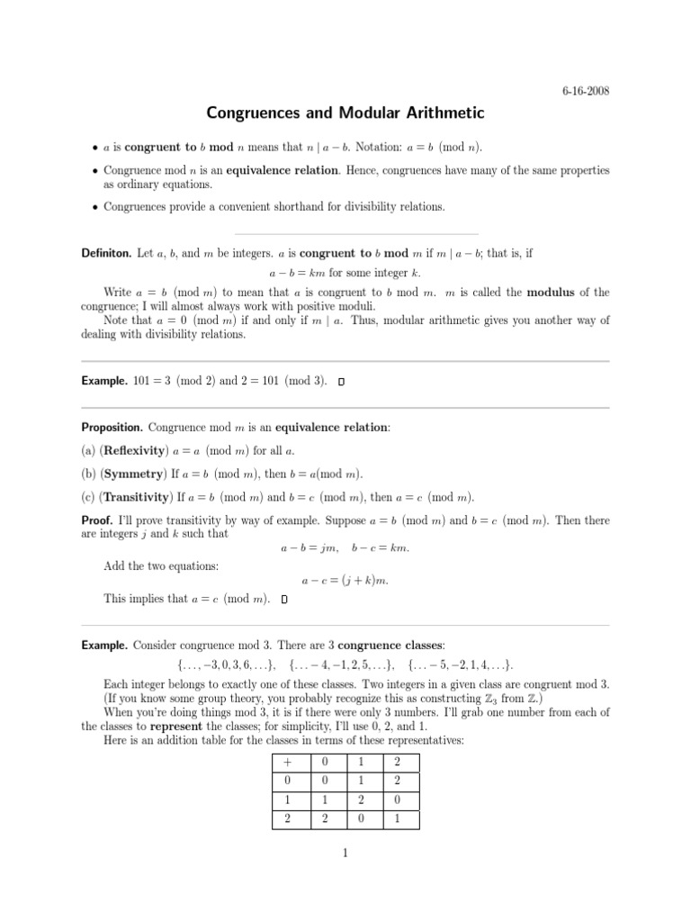 Modular Arithmetic Pdf Division Mathematics Multiplication