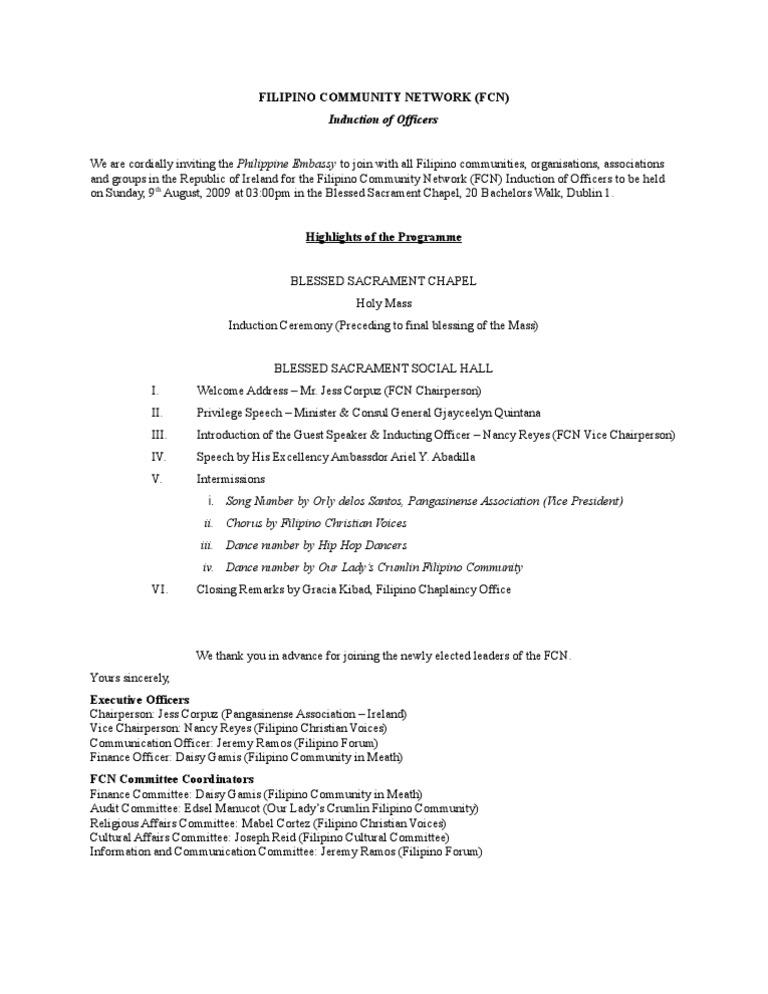Induction of Officers - Invitation For Embassy | PDF | Philippines