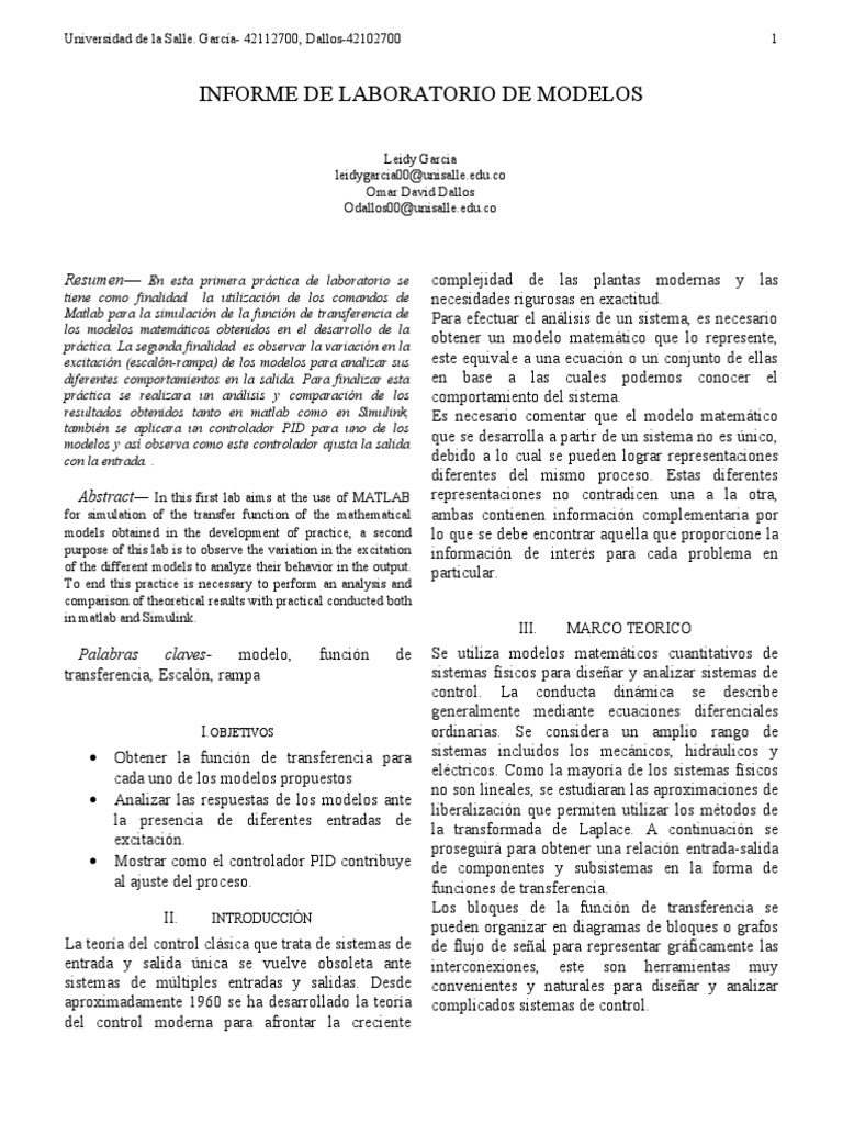 Lab 1 Final David Leid y | PDF | Sistema de control | Matlab