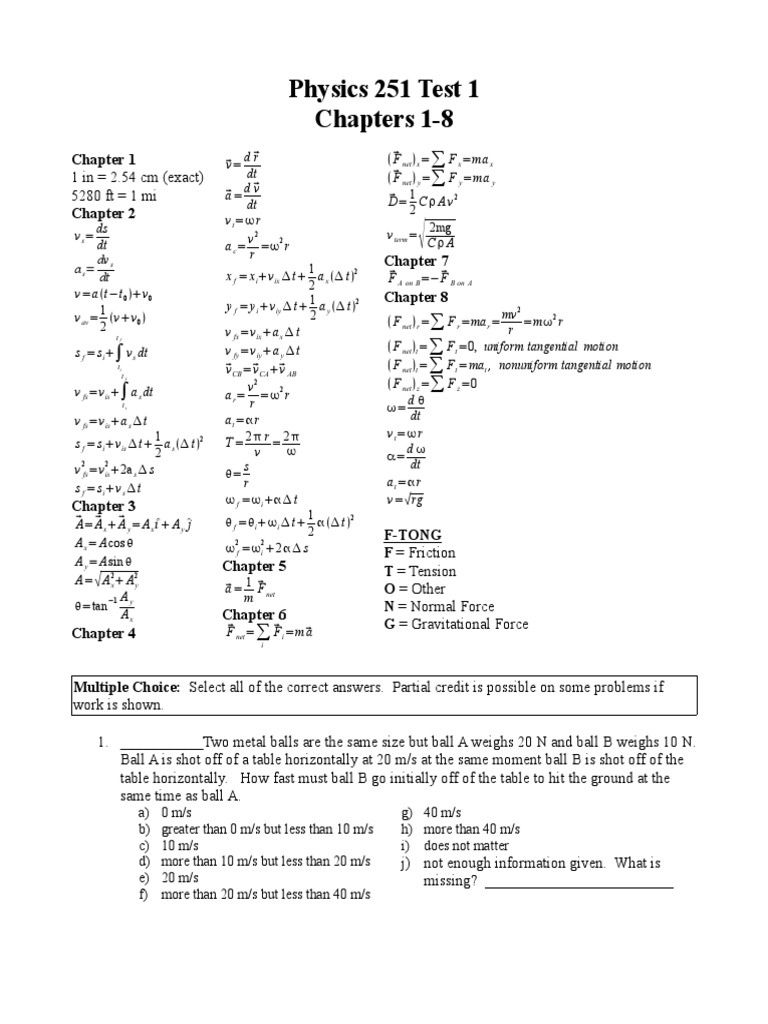 Phy 251 Test 1 Fa 12 V02 Pdf Force Velocity