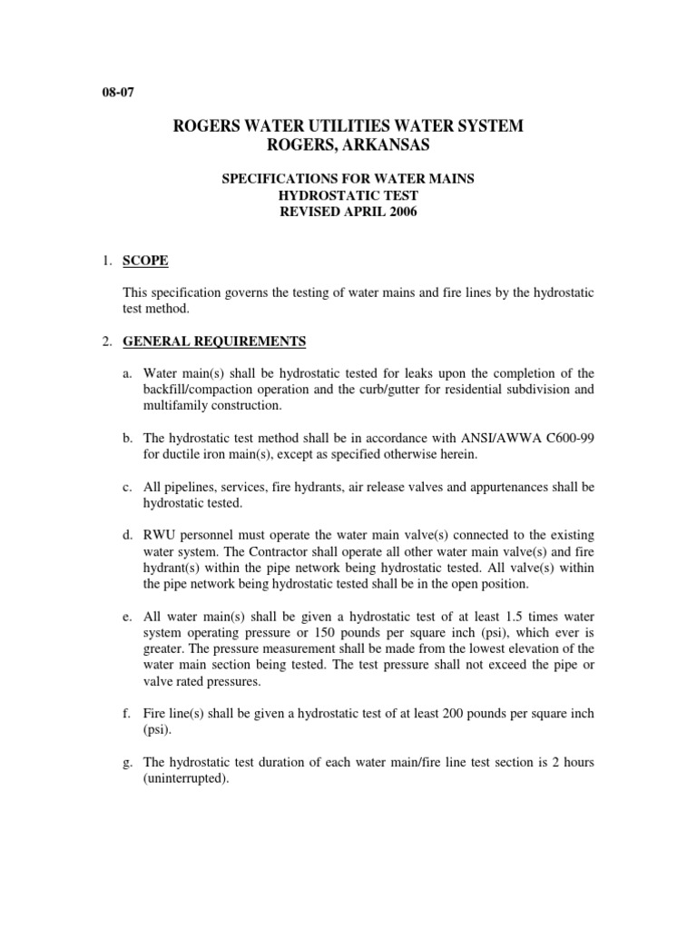 Hydrostatic Test Specs for Water Mains | PDF | Water Supply Network ...