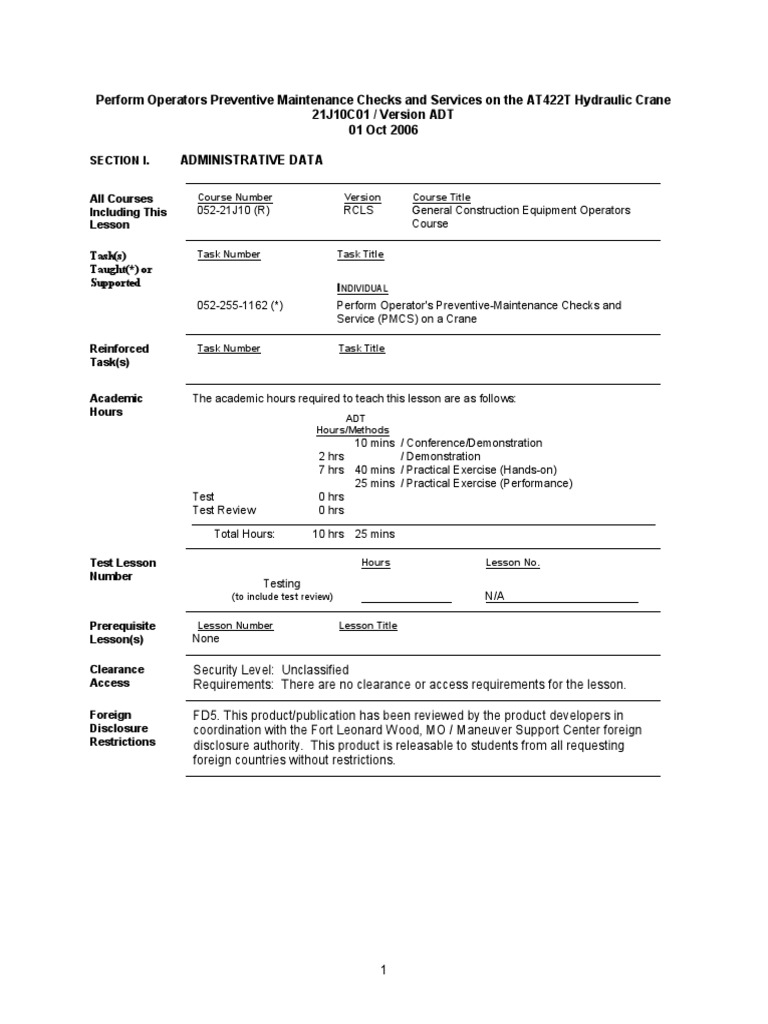 2006 US Army LessonPlans C01 Crane PMCS 27p | PDF | Truck ...