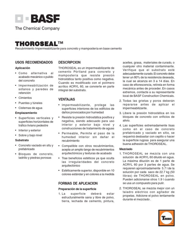 Thoroseal Thoroseal Thoroseal Thoroseal Thoroseal™: Descripcion Usos ...