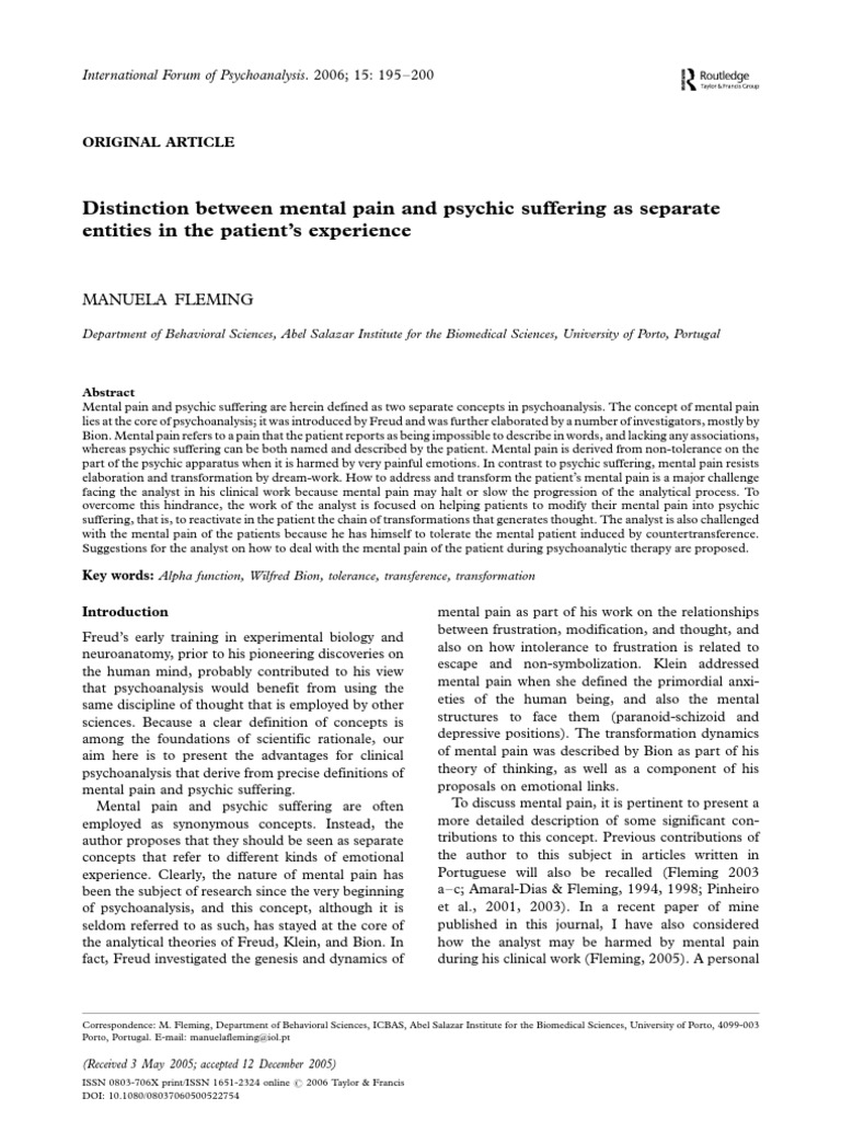 Mental Pain Vs Psychic Suffering PDF | PDF | Psychoanalysis | Pain