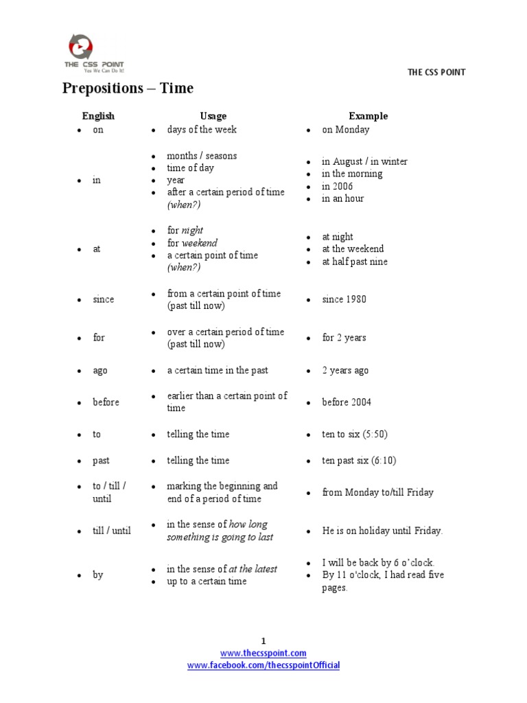 List of Prepositions | PDF | Workweek And Weekend | Preposition And ...