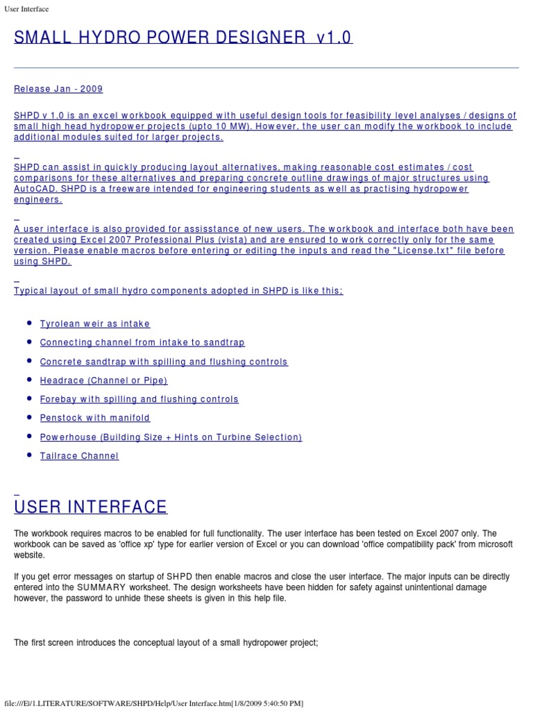 Small Hydro Power Designer V1.0 | PDF | User Interface | Microsoft Excel