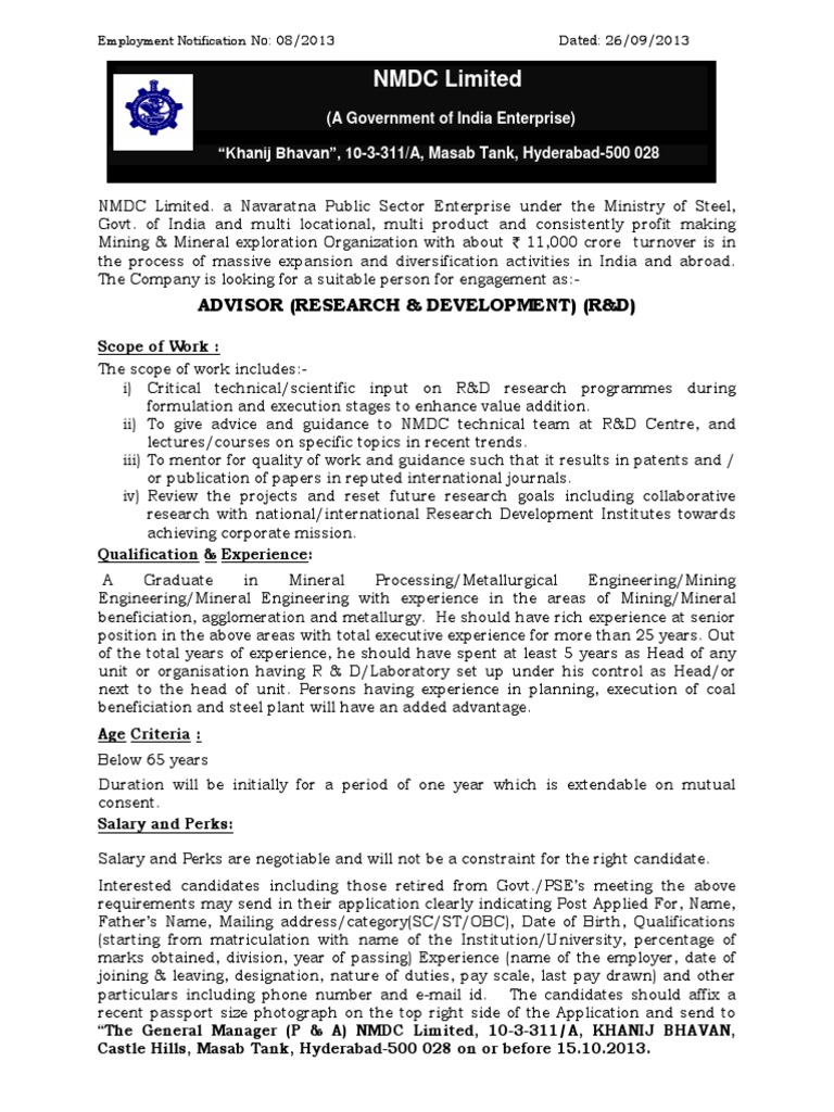 NMDC Limited: Advisor (Research & Development) (R&D) | PDF | Mining ...