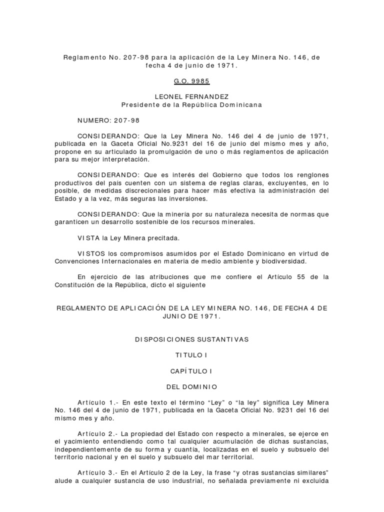 Reglamento 207-98, para La Aplicacion de La Ley 146 Minera de La ...