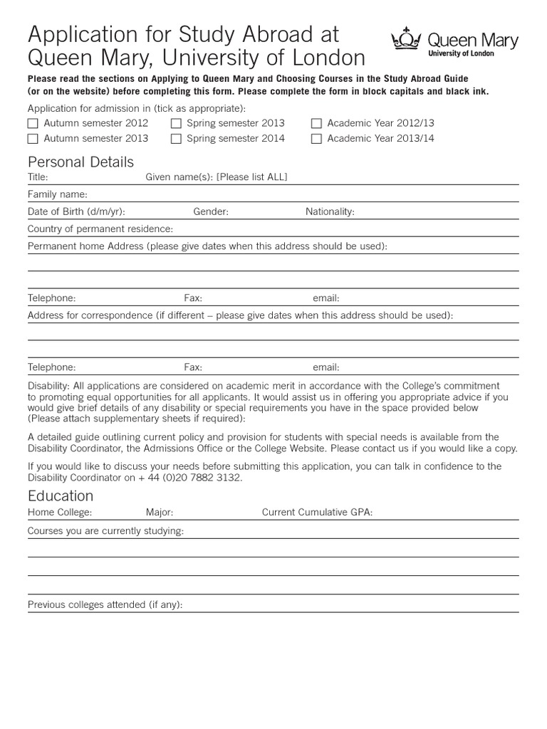 Application For Study Abroad at Queen Mary, University of London | PDF ...