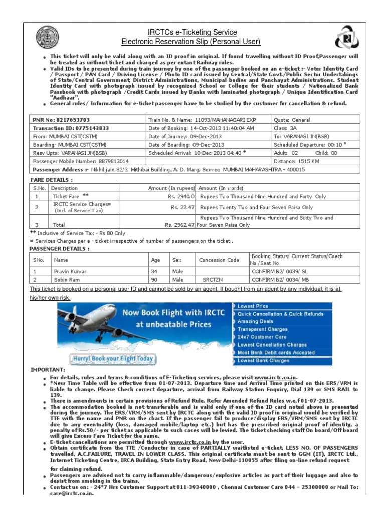 Irctcs E-Ticketing Service Electronic Reservation Slip (Personal User) | PDF | Identity Document ...