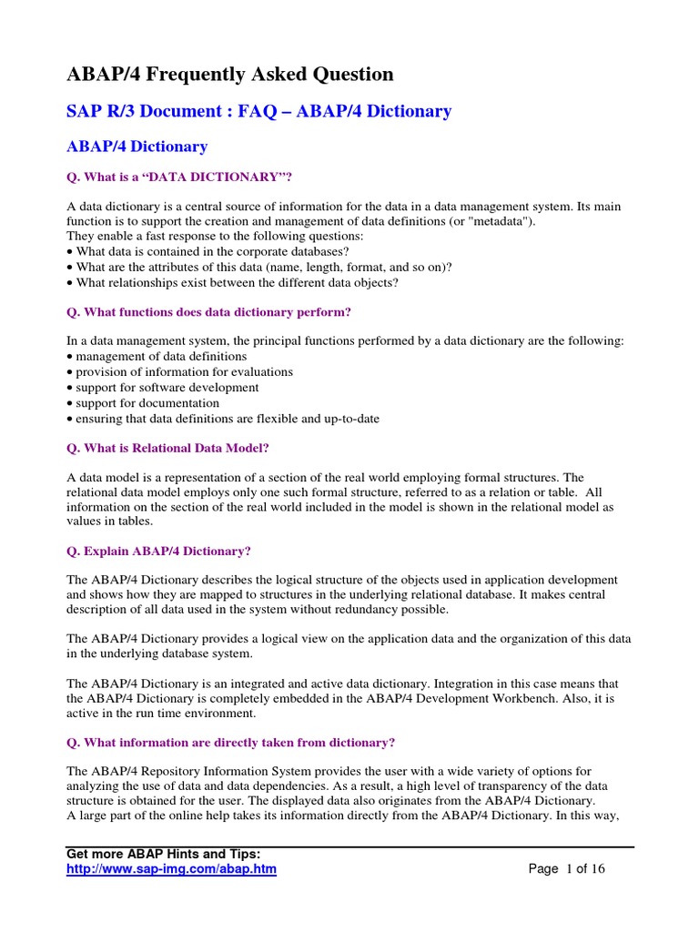 Abap 4 Frequently Asked Question Sap R 3 Document Faq Abap 4 Dictionary Pdf Database