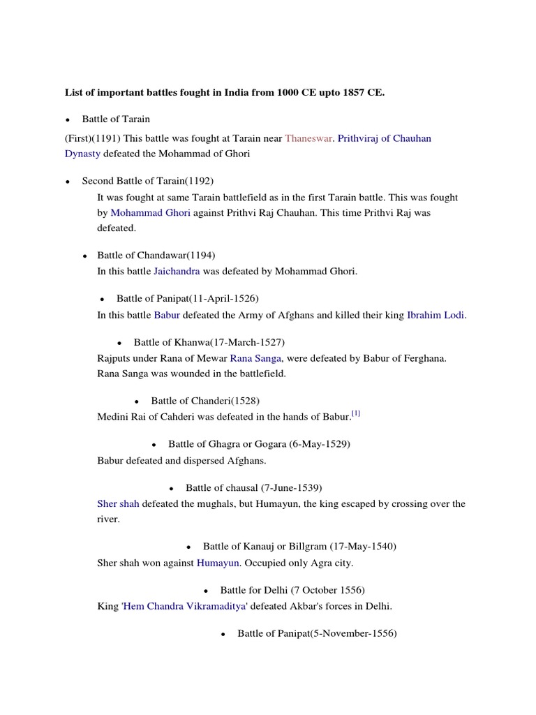 Key Battles in Indian History (1000-1857) | PDF | Timurid Dynasty ...