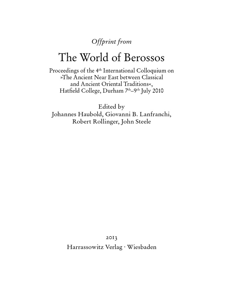 The World of Berossos: Offprint From | PDF | Babylonia | Greek Mythology