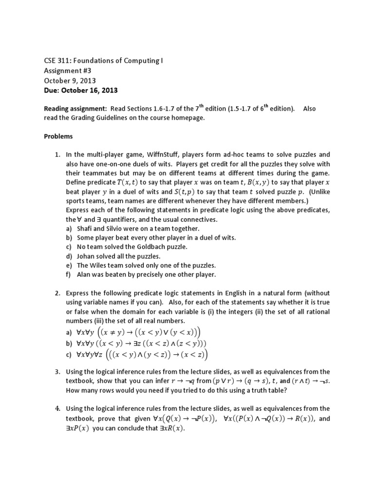 CSE 311: Foundations of Computing I Assignment #3 October 9, 2013 | PDF | First Order Logic ...