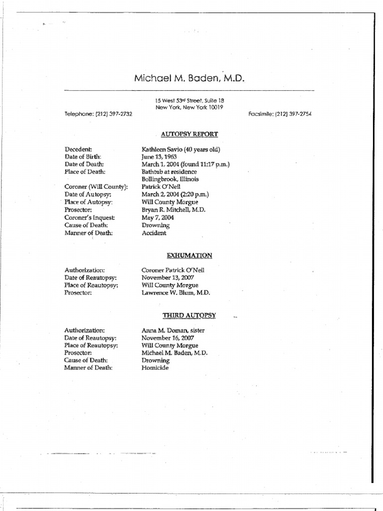 Michael Baden's Autopsy Report on Kathleen Savio | Law Enforcement ...